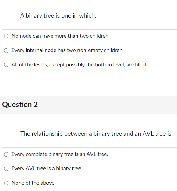 Solved A binary tree is one in which: O No node can have | Chegg.com
