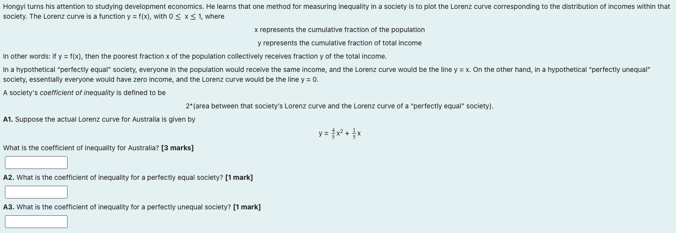 Solved society. The Lorenz curve is a function y=f(x), with | Chegg.com