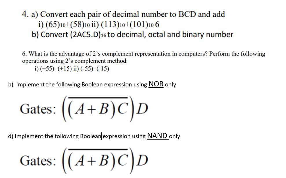 Solved 4. a) Convert each pair of decimal number to BCD and | Chegg.com