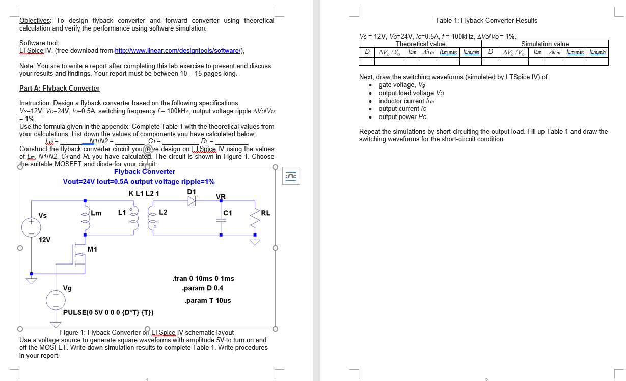 Solved Table 1: Flyback Converter Results Objectives: To | Chegg.com