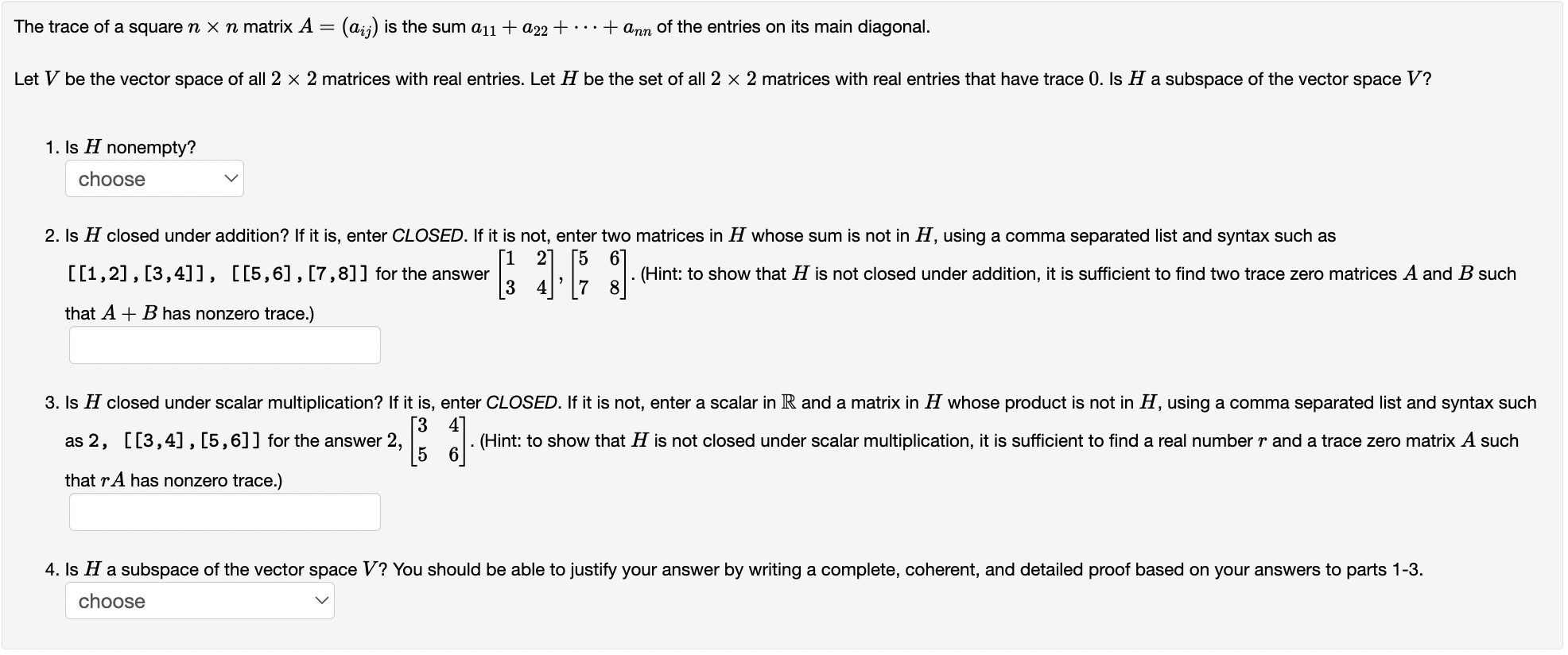 Solved The trace of a square n×n matrix A=(aij) is the sum | Chegg.com
