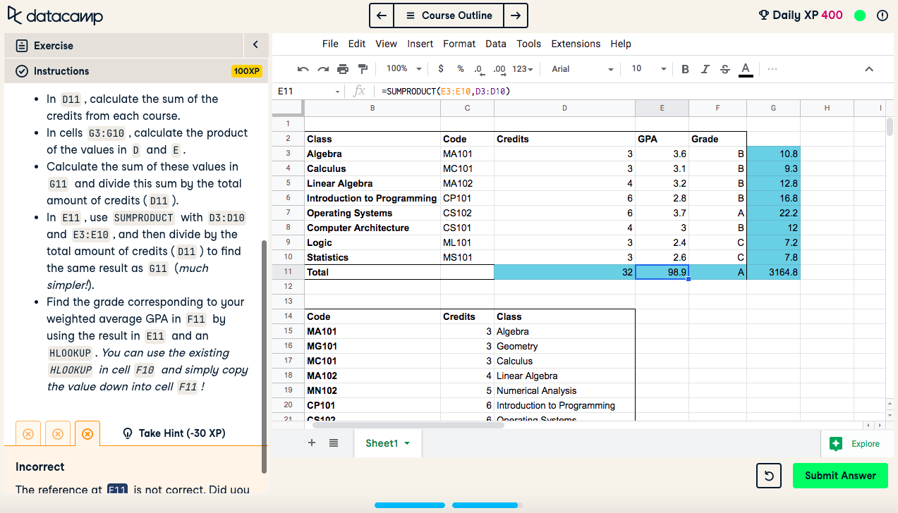 Solved a datacamp E Course Outline => → Y Daily XP 400 6 | Chegg.com
