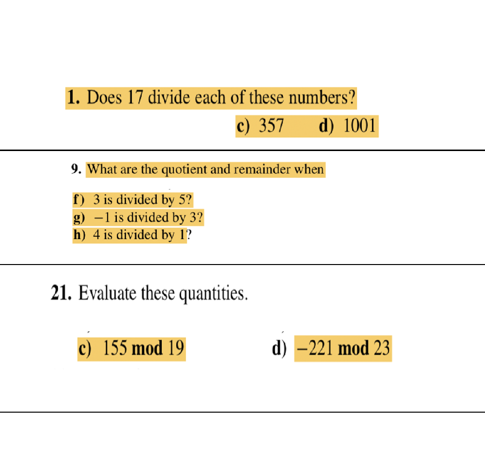Solved 1. Does 17 divide each of these numbers? c) 357 d) | Chegg.com