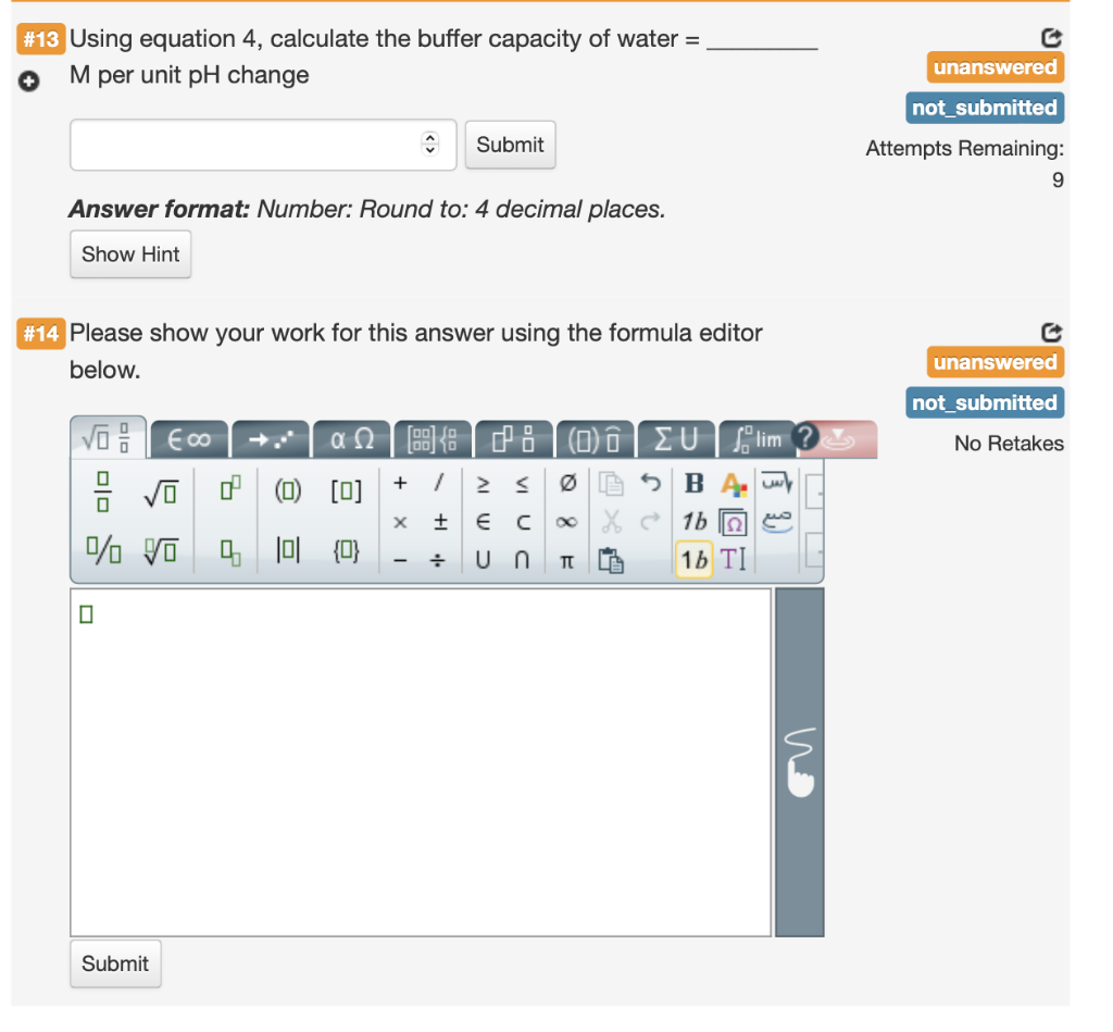 Solved #13 Using equation 4, calculate the buffer capacity | Chegg.com