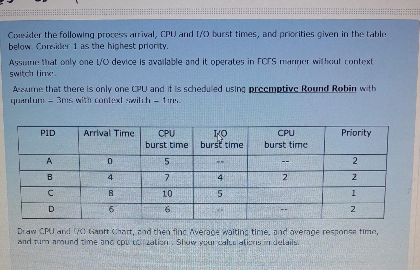 Solved Consider the following process arrival, CPU and I/O | Chegg.com