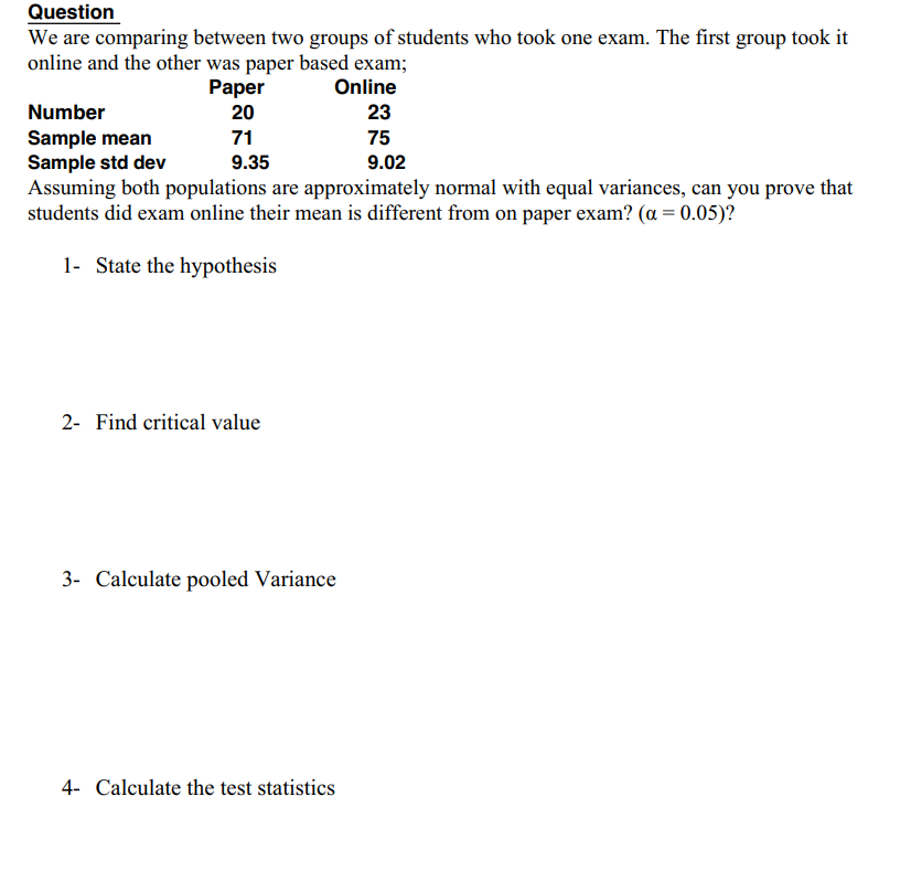 Solved Question We are comparing between two groups of | Chegg.com