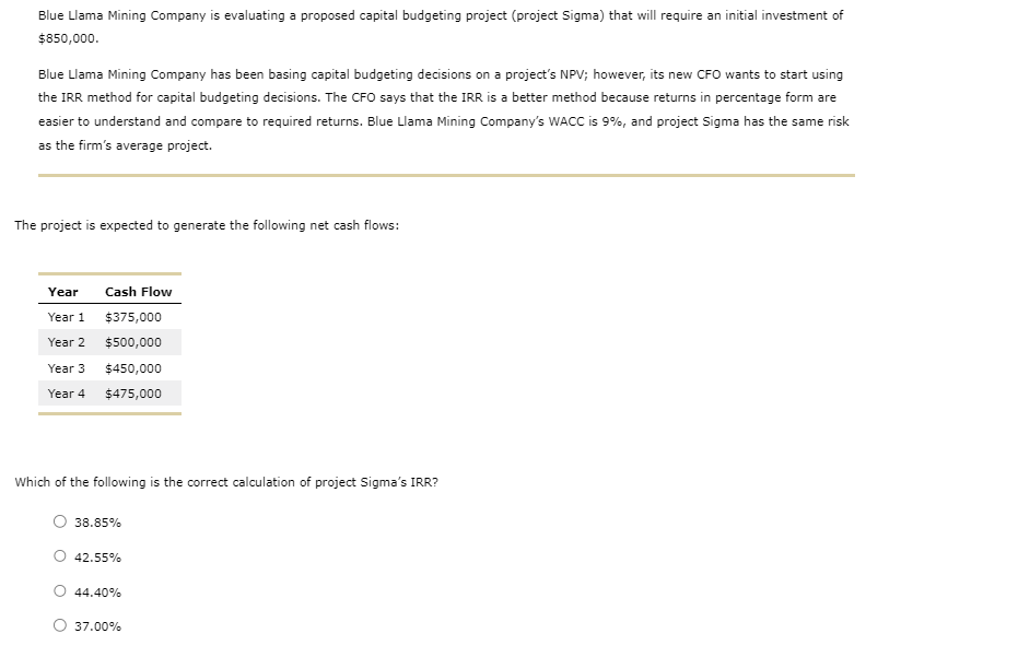 Solved Blue Llama Mining Company is evaluating a proposed | Chegg.com