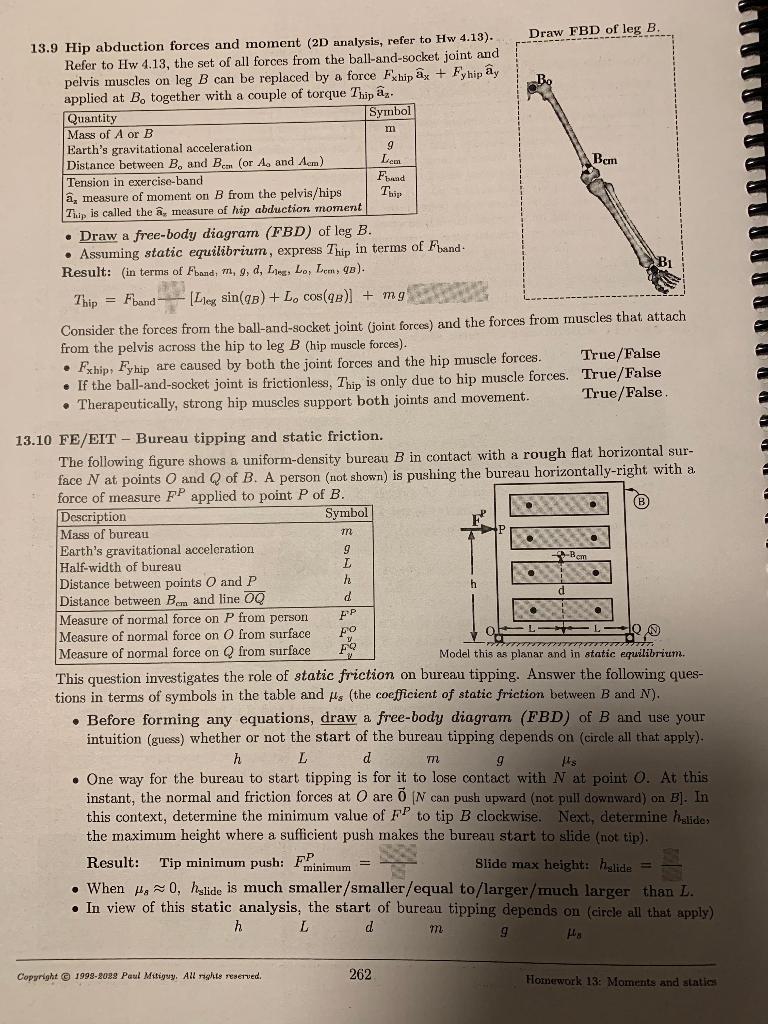 13.9 Hip abduction forces and moment (2D analysis, | Chegg.com