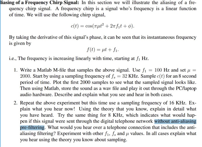 Solved liasing of a Frequency Chirp Signal: In this section | Chegg.com