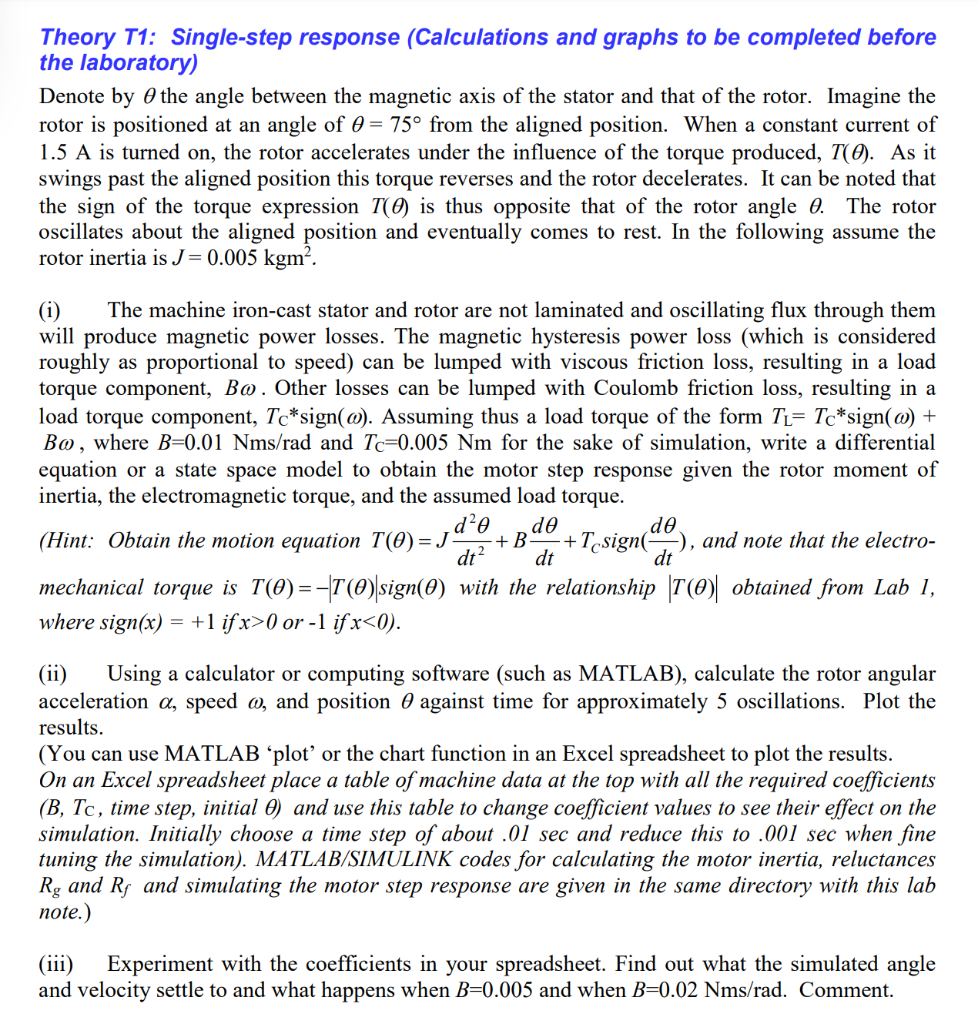 Theory T1: Single-step response (Calculations and | Chegg.com