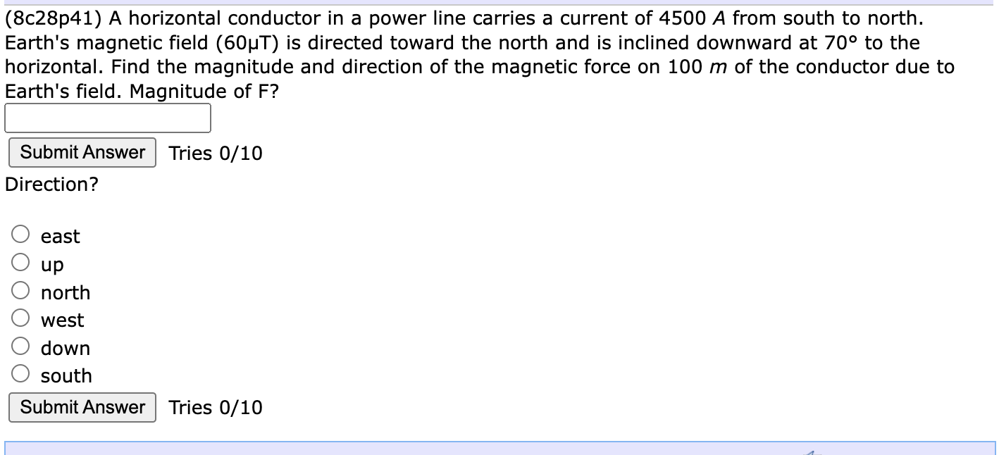 Solved (8c28p41) A horizontal conductor in a power line | Chegg.com