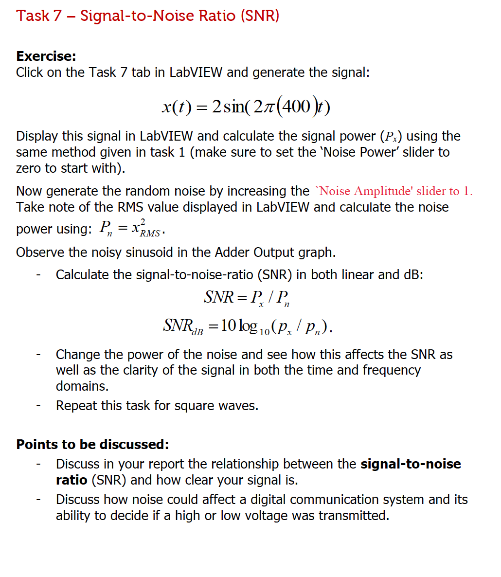 Solved Task 7 - Signal-to-Noise Ratio (SNR) Exercise: Click | Chegg.com
