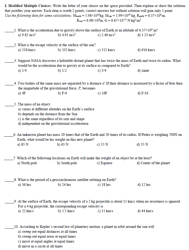 Solved I. Modified Multiple Choices: Write the letter of | Chegg.com
