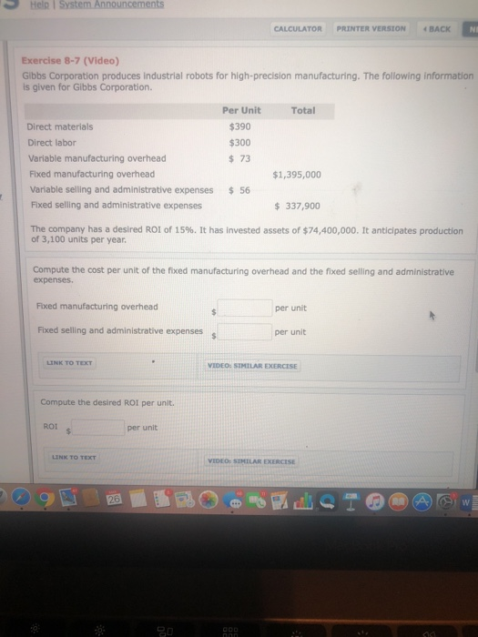 Solved CALCULATOR PRINTER VERSTON BACcK Exercise 8-7(Video) | Chegg.com