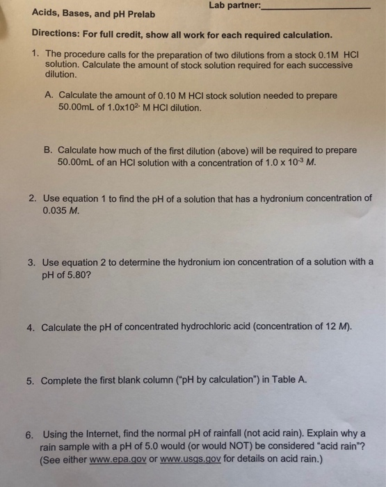 Solved Lab partner:_ Acids, Bases, and pH Prelab Directions: | Chegg.com
