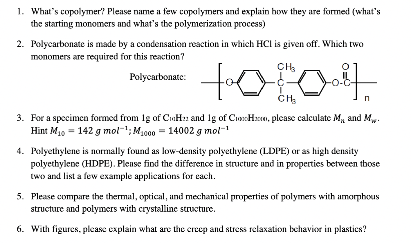 Solved What's copolymer? Please name a few copolymers and | Chegg.com