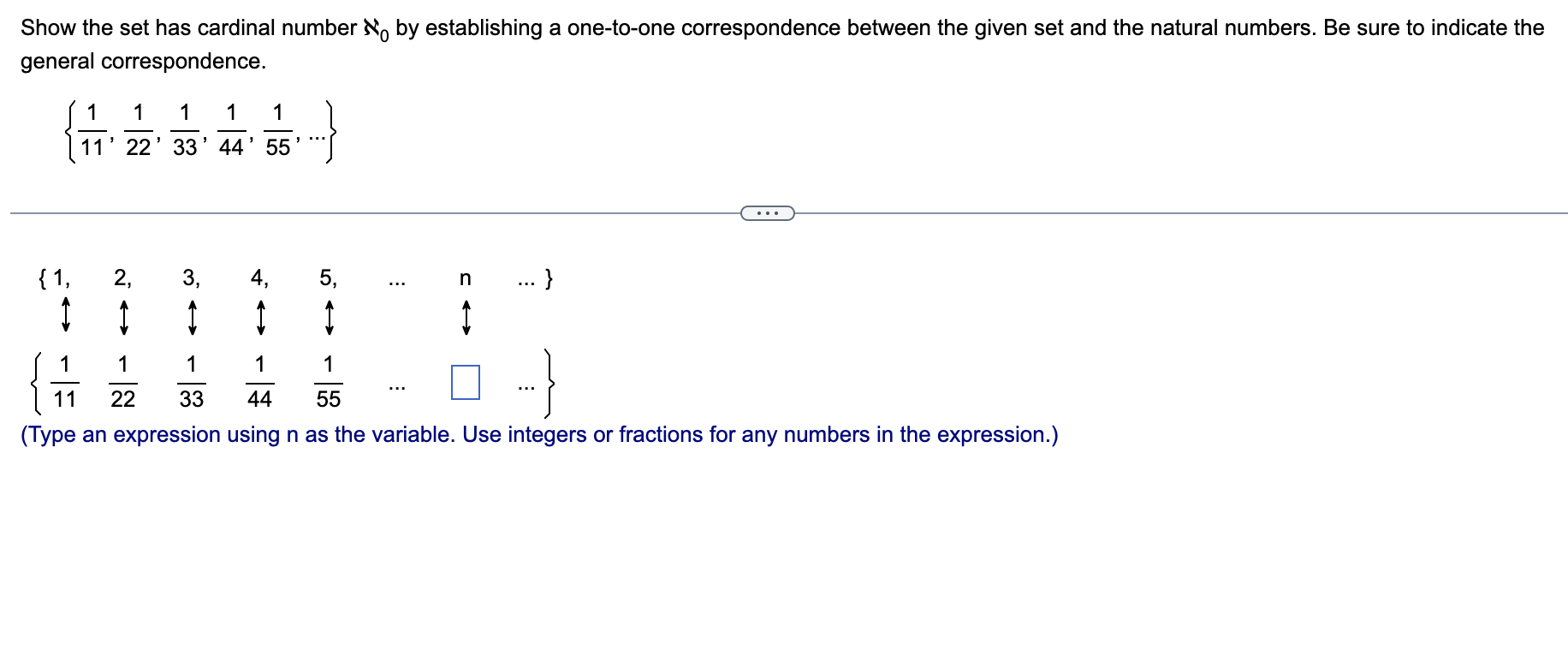 Solved Show the set has cardinal number ℵ0 by establishing a | Chegg.com