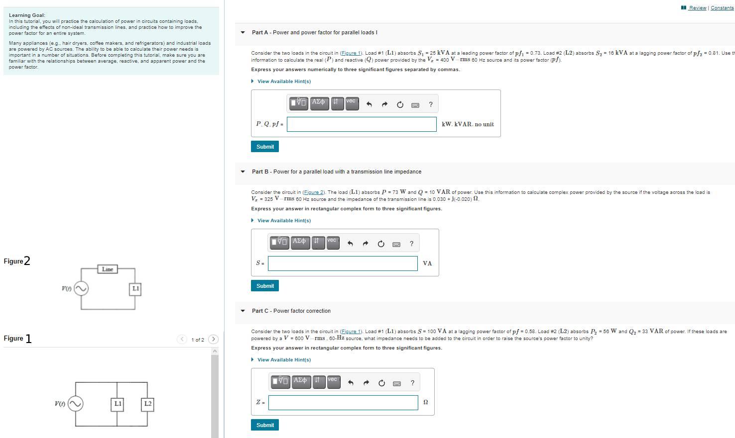 Solved Review Constants Part A - Power and power factor for | Chegg.com