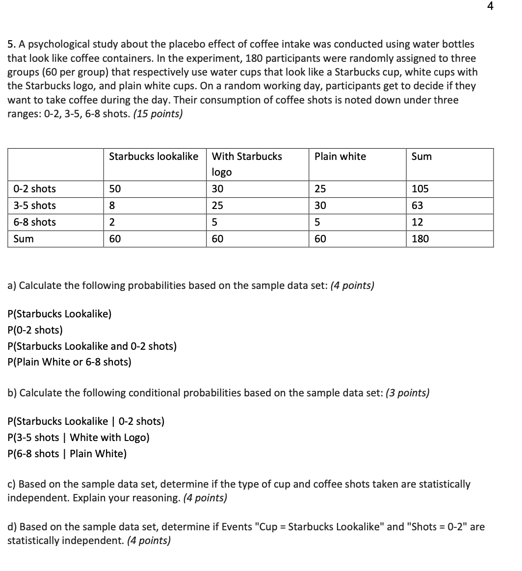 Solved 5. A psychological study about the placebo effect of | Chegg.com