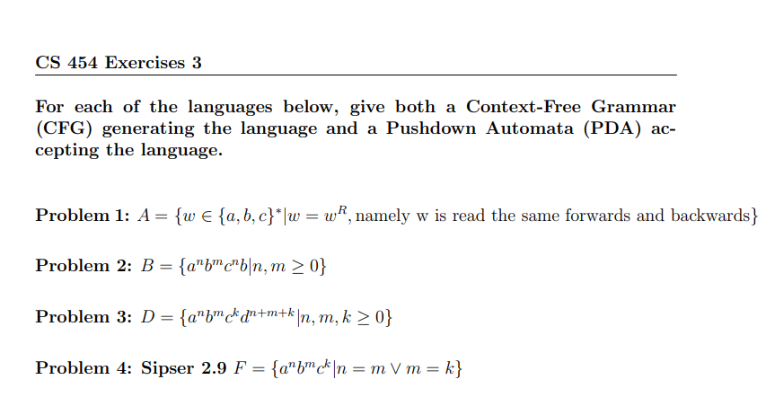 Solved CS 454 Exercises 3 For each of the languages below, | Chegg.com