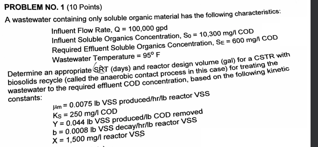 Solved PROBLEM NO. 1 (10 Points) A wastewater containing | Chegg.com