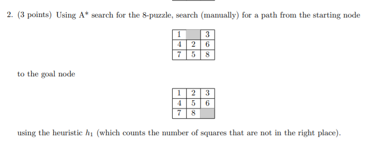 Solved 2. (3 points) Using A* search for the 8-puzzle, | Chegg.com