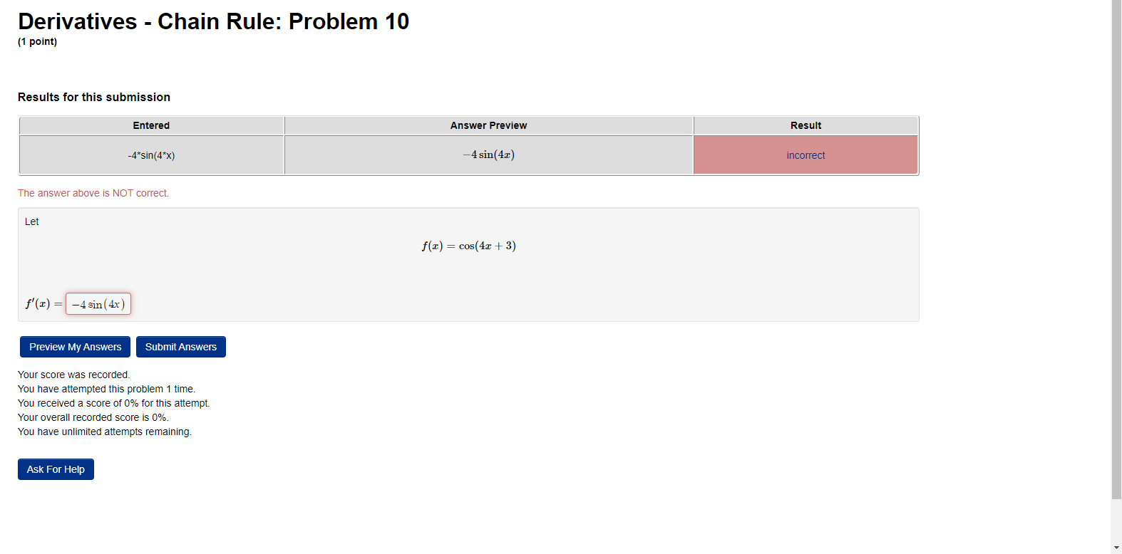 Solved Derivatives - Chain Rule: Problem 10 (1 point) | Chegg.com