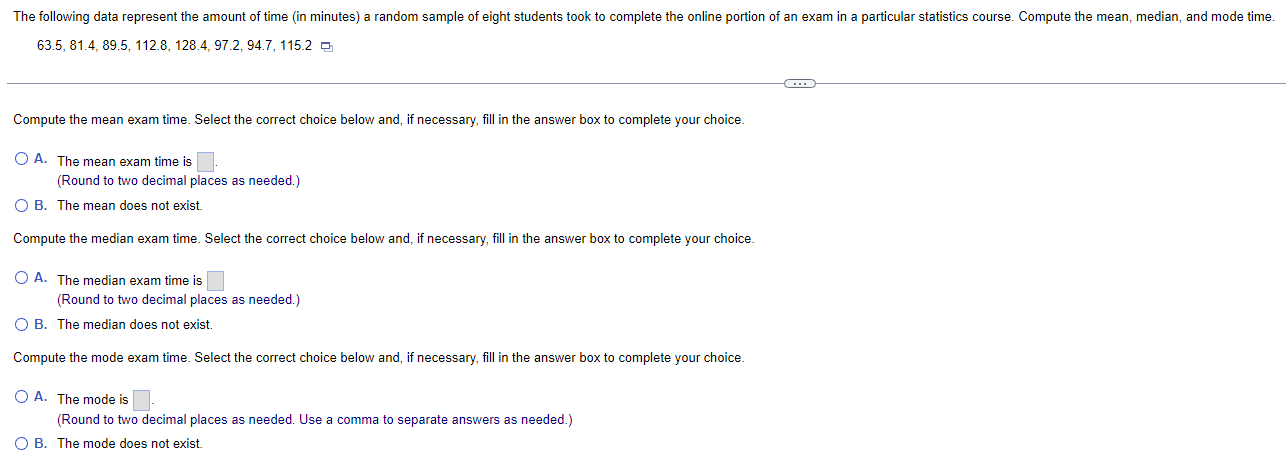 Solved Compute the mean exam time. Select the correct choice | Chegg.com