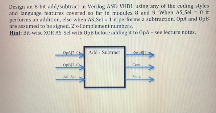Solved Design an 8-bit add/subtract in Verilog AND VHDL | Chegg.com