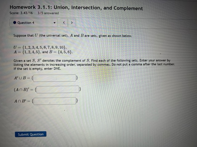 Solved Homework 3.1.1: Union, Intersection, and Complement | Chegg.com