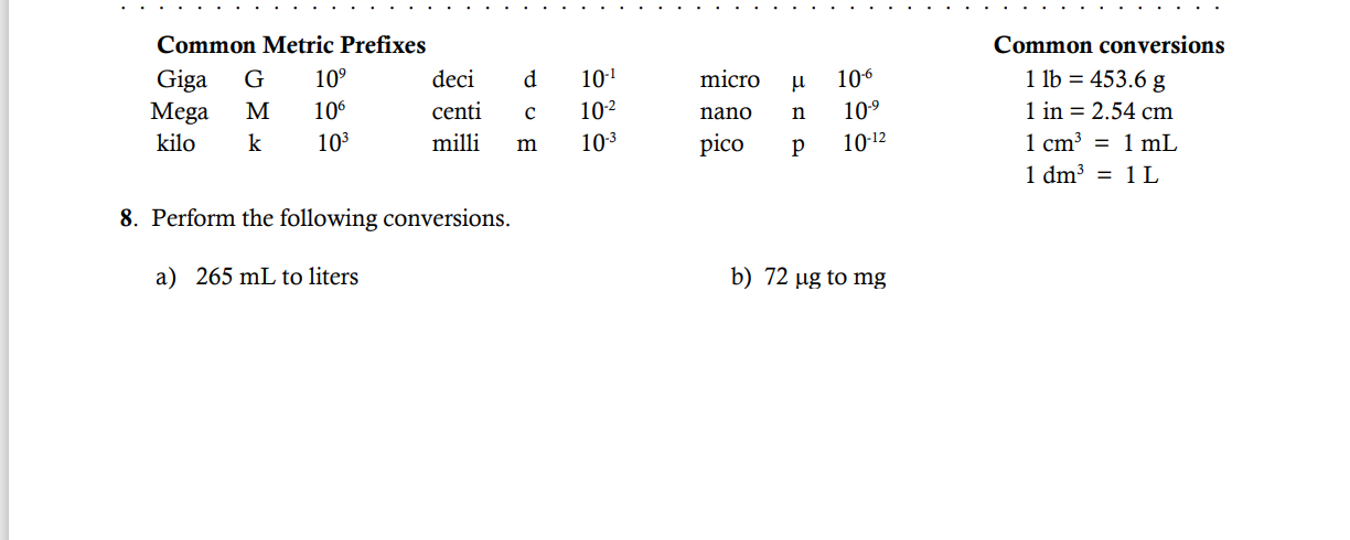 Solved d micro u Common Metric Prefixes Giga G 10° deci Mega | Chegg.com