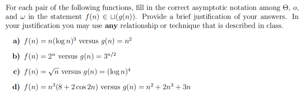 Solved For each pair of the following functions, fill in the | Chegg.com