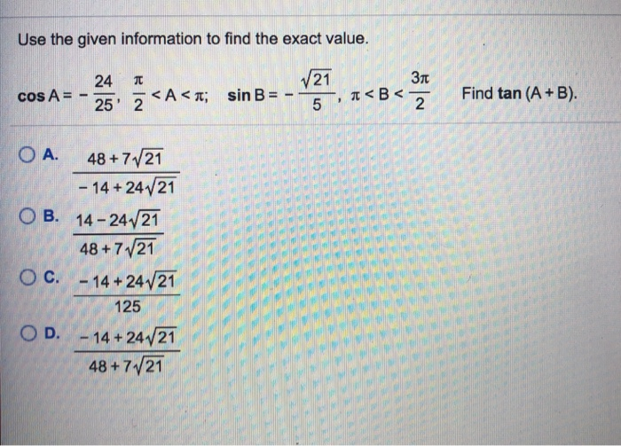 Solved Use the given information to find the exact value. 1 | Chegg.com