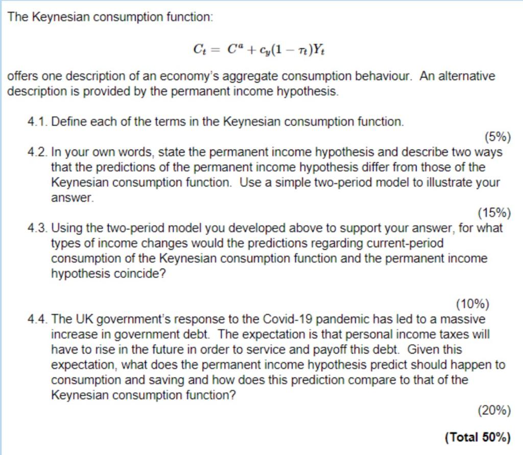 The Keynesian consumption function: Ct = C4 + cy(1 – | Chegg.com