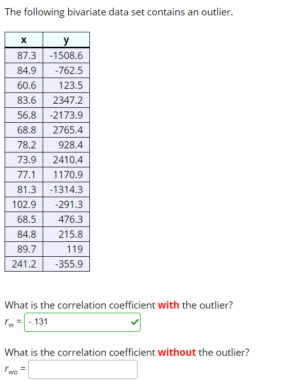 Solved The following bivariate data set contains an outlier. | Chegg.com