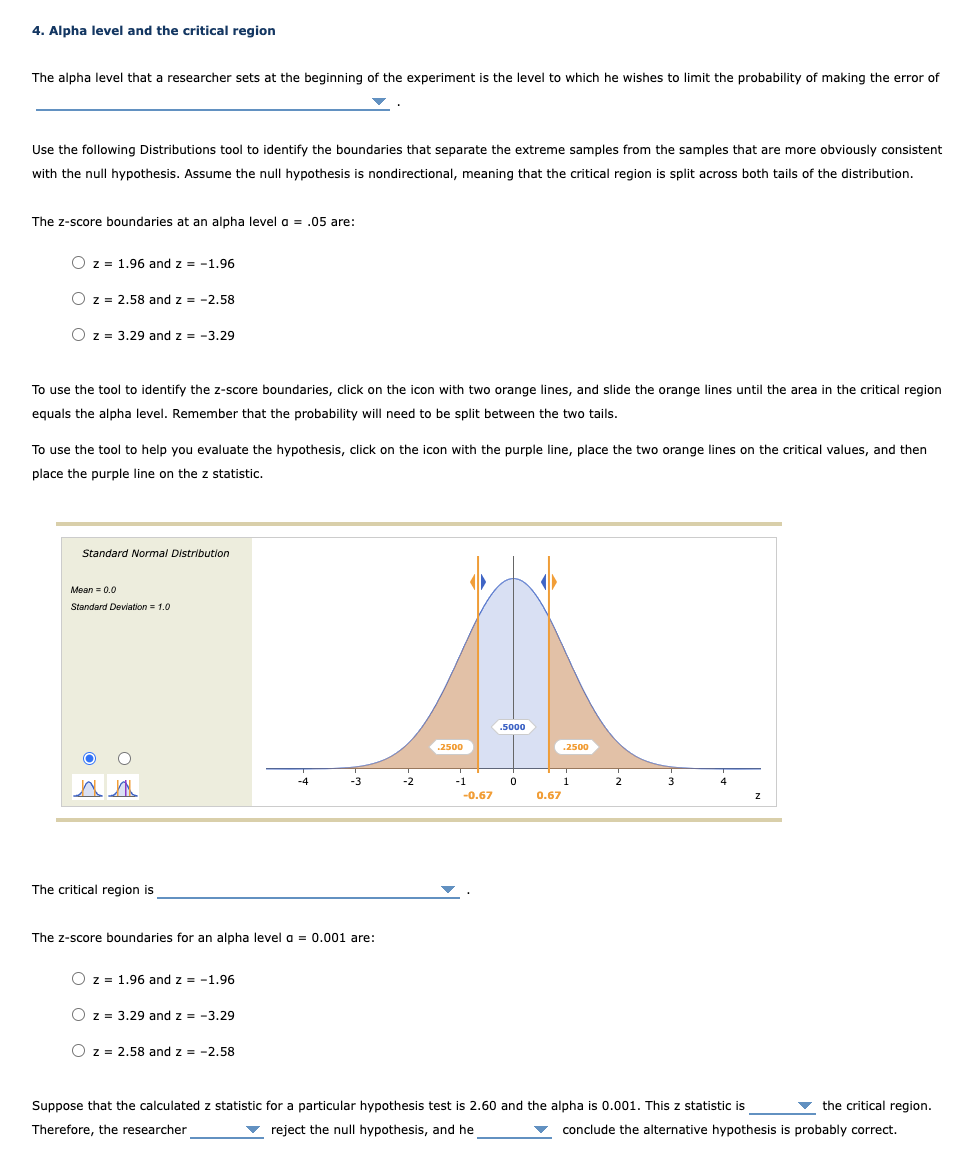 Solved 4. Alpha level and the critical region The alpha | Chegg.com