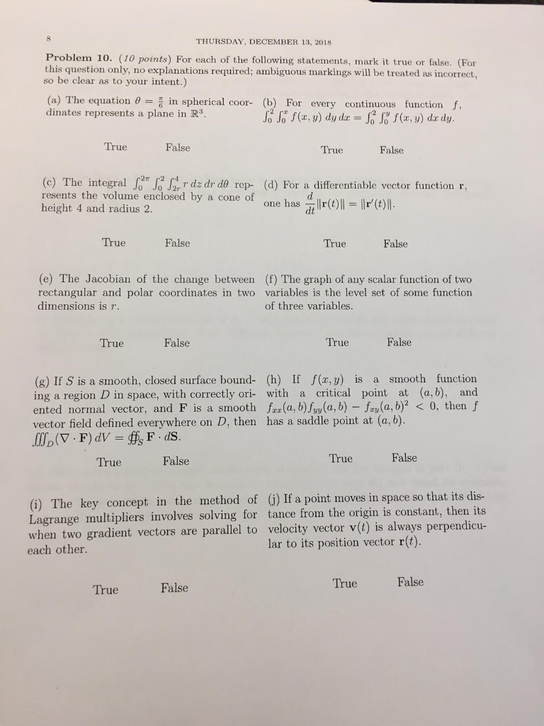 Solved 8 THURSDAY, DECEMBER 13, 2018 Problem 10. (10 points) | Chegg.com