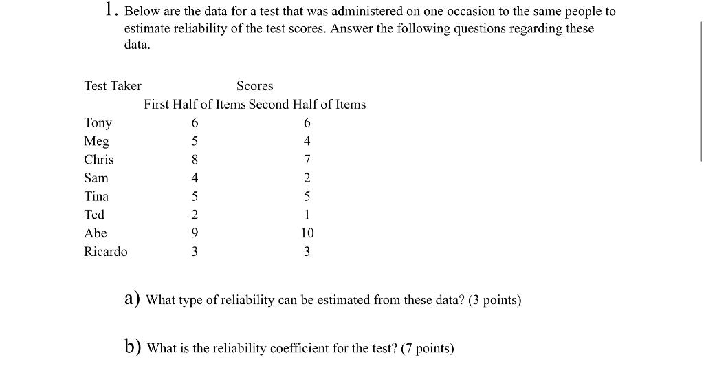 Solved 1. Below are the data for a test that was | Chegg.com