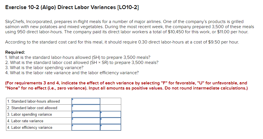 Solved Exercise 10-2 (Algo) Direct Labor Variances [LO10-2] | Chegg.com