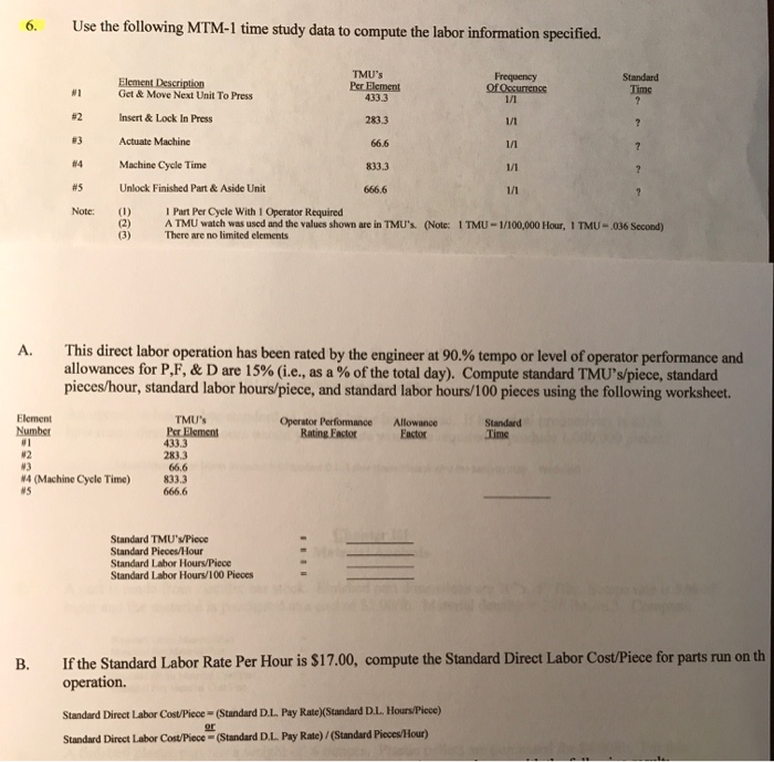 Solved Use the following MTM-1 time study data to compute | Chegg.com