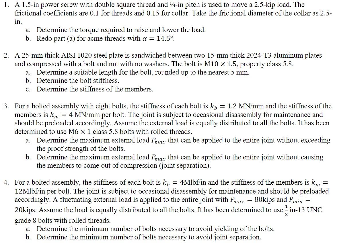 1. A 1.5-in power screw with double square thread and | Chegg.com