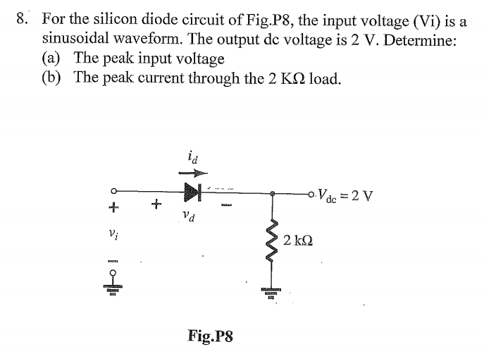 Solved 8. For the silicon diode circuit of Fig.P8, the input | Chegg.com