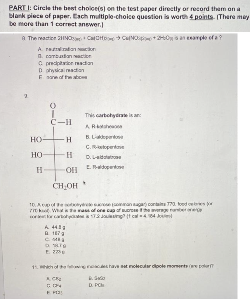 Solved PART I: Circle the best choice(s) on the test paper | Chegg.com