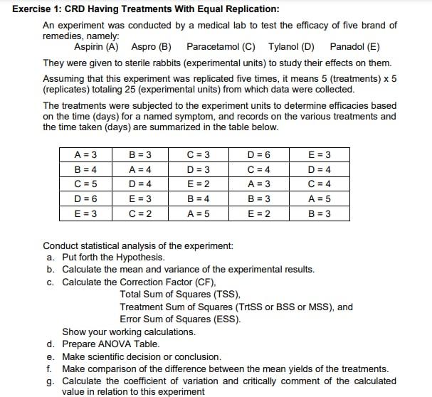 ercise 1: CRD Having Treatments With Equal | Chegg.com