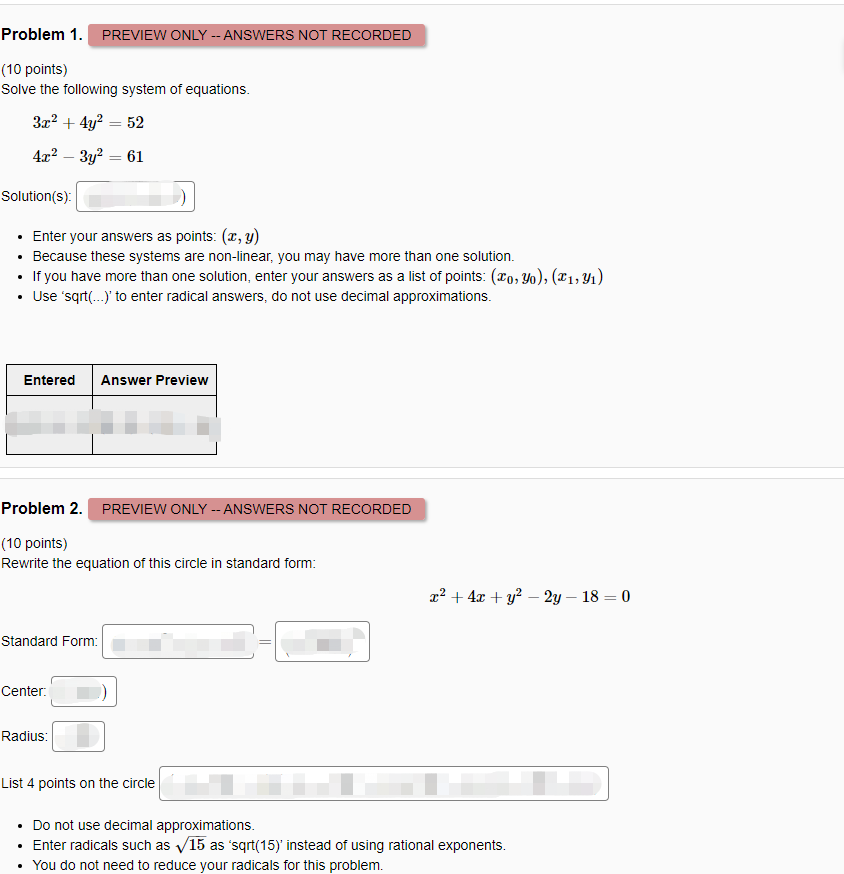 Solved Problem 1. PREVIEW ONLY -- ANSWERS NOT RECORDED (10 | Chegg.com