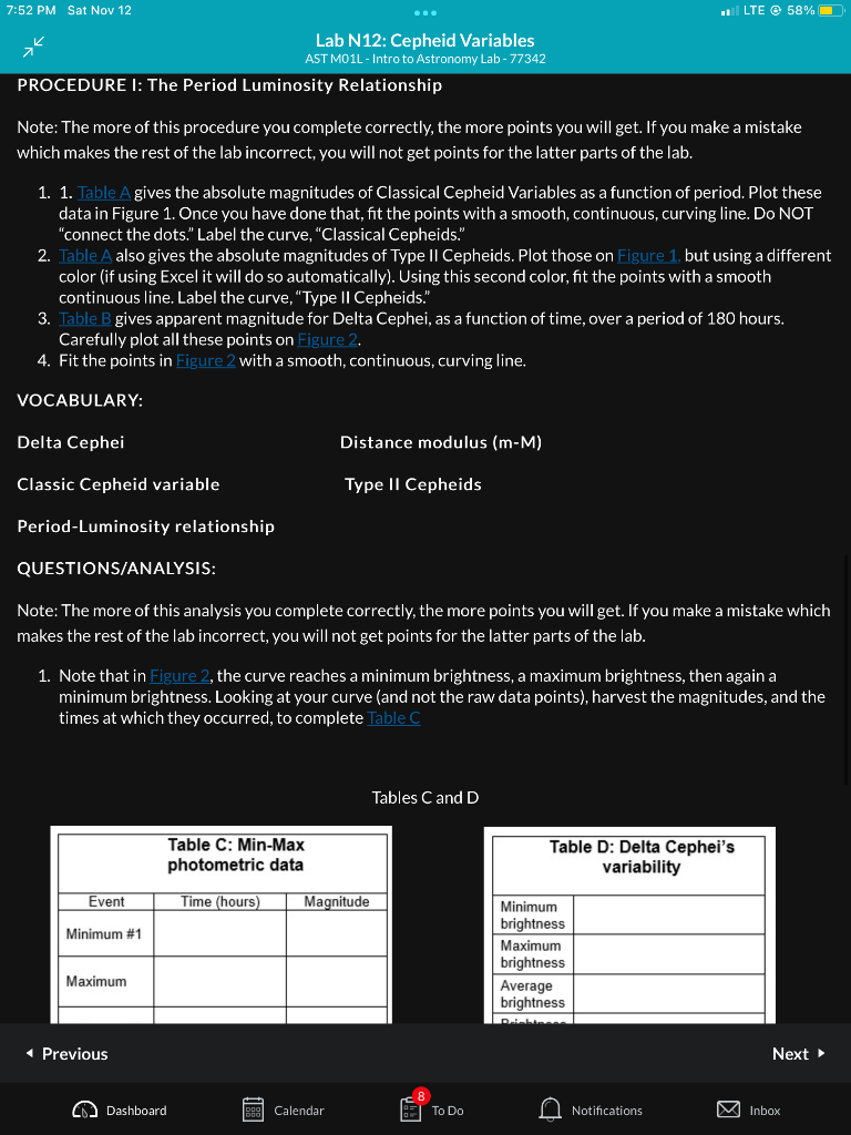 Lab N12: Cepheid Variables AST M01L - Intro to | Chegg.com