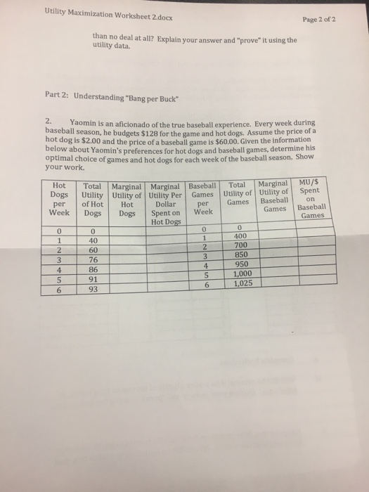 Solved Utility Maximization Worksheet 2.docx Page 1 of 2 | Chegg.com