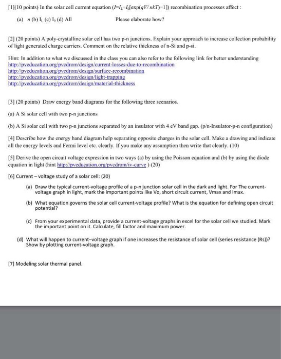 Solved [IJ10 points) In the solar cell current equation | Chegg.com