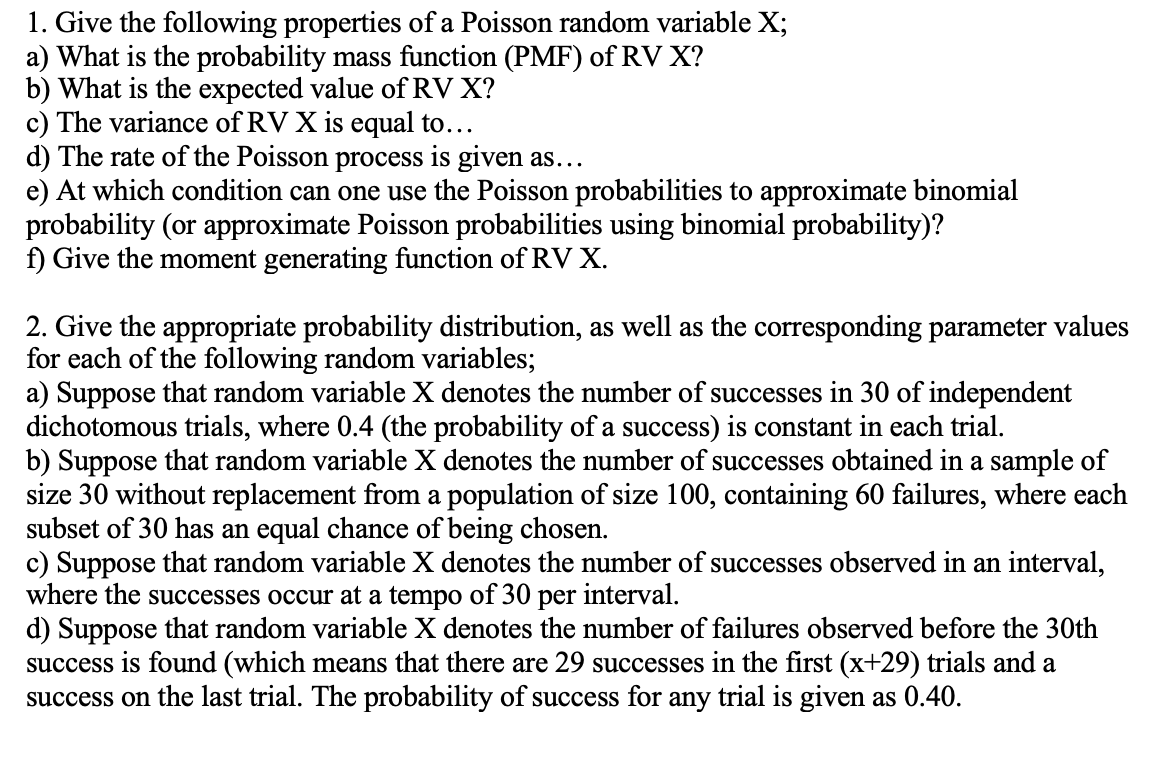 Solved 1. Give the following properties of a Poisson random | Chegg.com