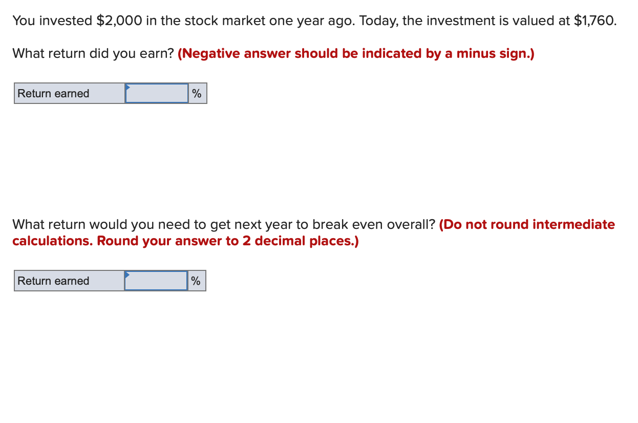 Solved You invested $2,000 in the stock market one year ago. | Chegg.com